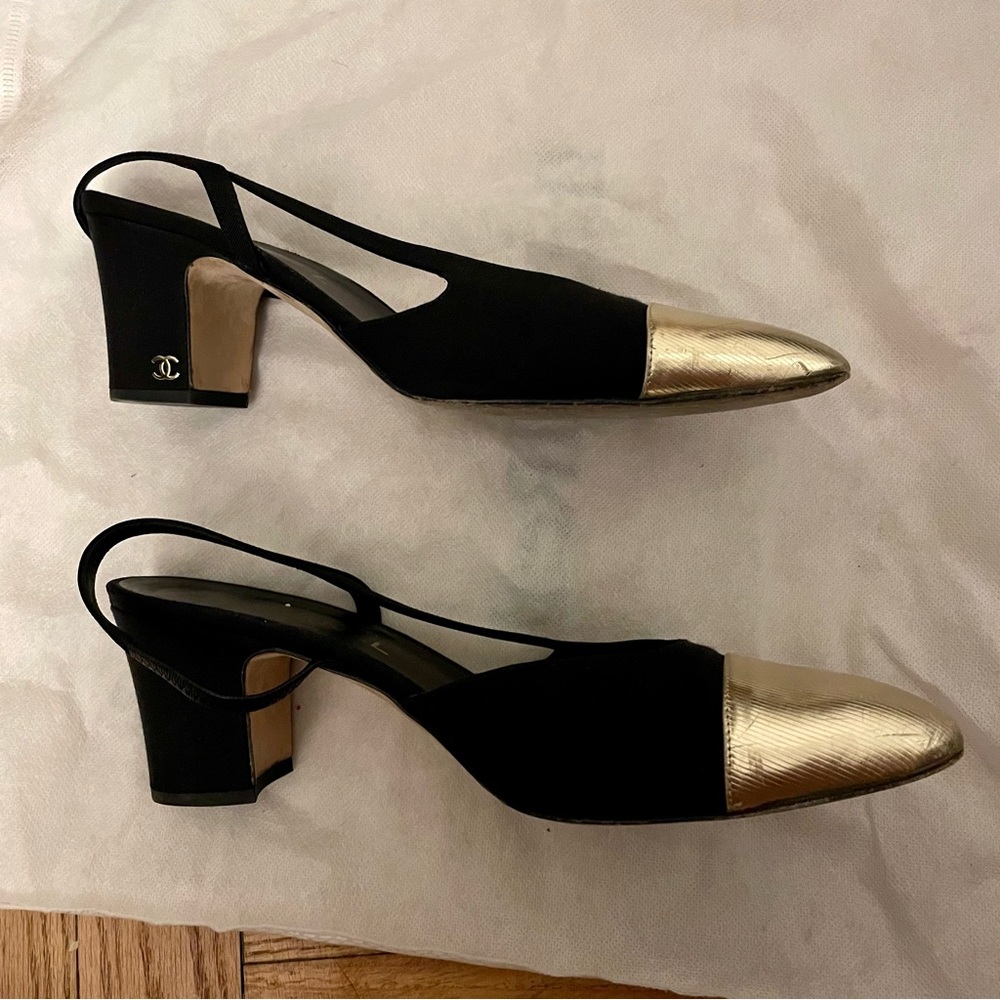 Chanel Slingback Black/Gold Toe Cap Heels - Gem